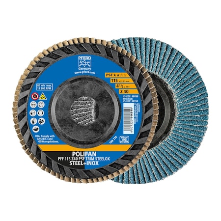 Pferd 4-1/2" x 7/8" A.H. POLIFAN Flap Disc - Z PSF TRIM STEELOX, Zirconia, 40 Grit, Flat 10PK ...